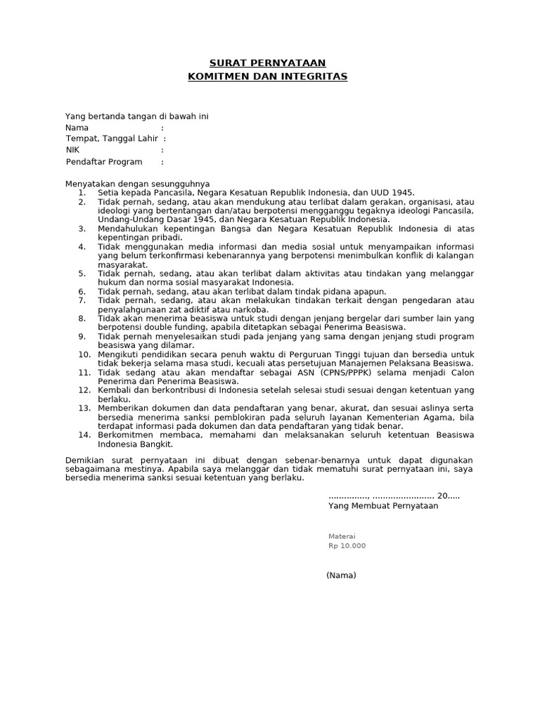 01 Format Surat Pernyataan Komitmen Dan Integritas | PDF