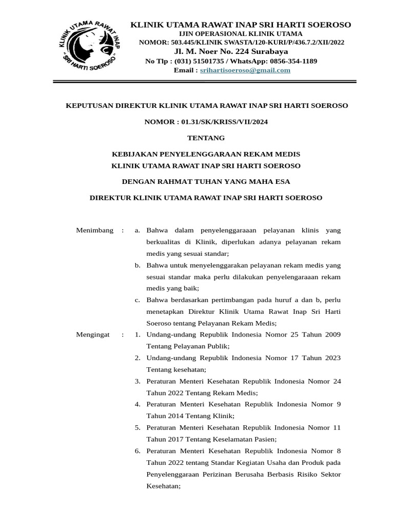 Kebijakan Rekam Medis Klinik Sri Harti | PDF