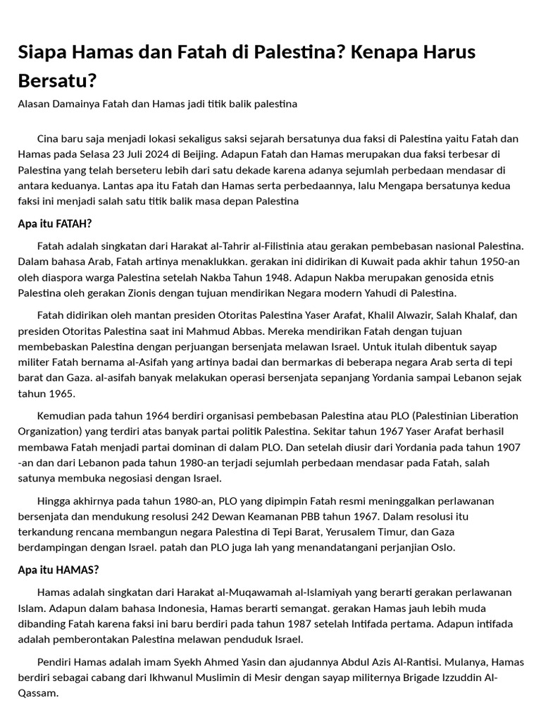Persatuan Fatah dan Hamas: Titik Balik Palestina | PDF