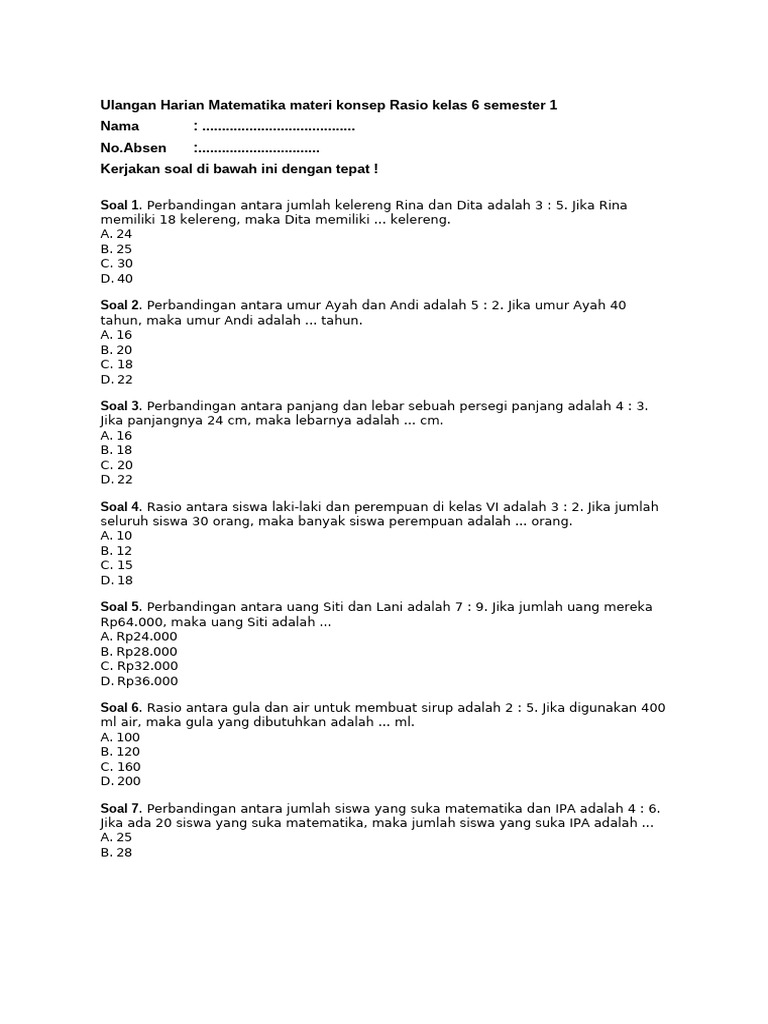 Soal Matematika Kelas 6 Konsep Rasio | PDF