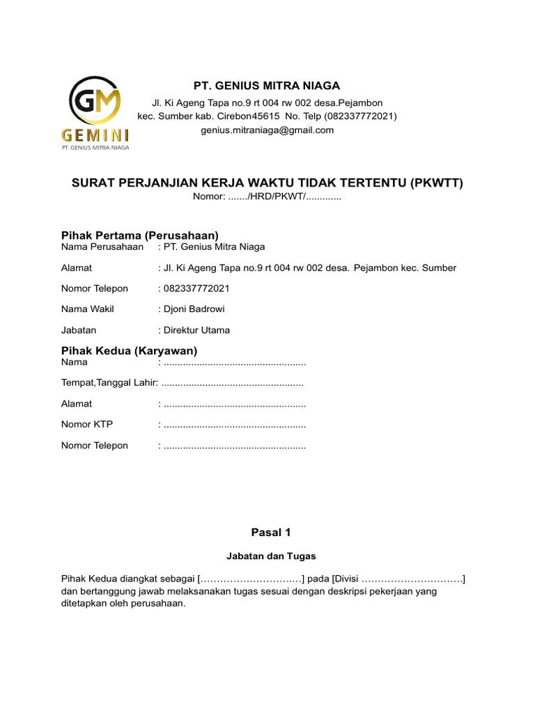 Contoh Surat Perjanjian PKWTT | PDF