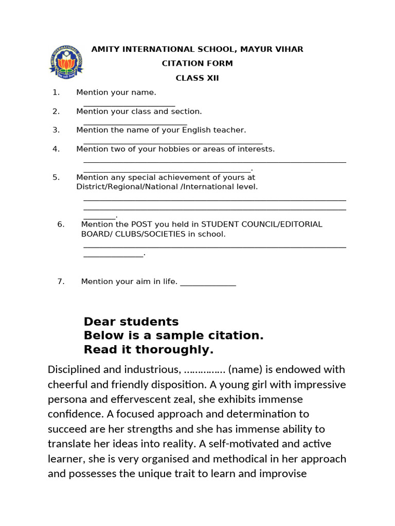 Class XII Citation Form Template | PDF