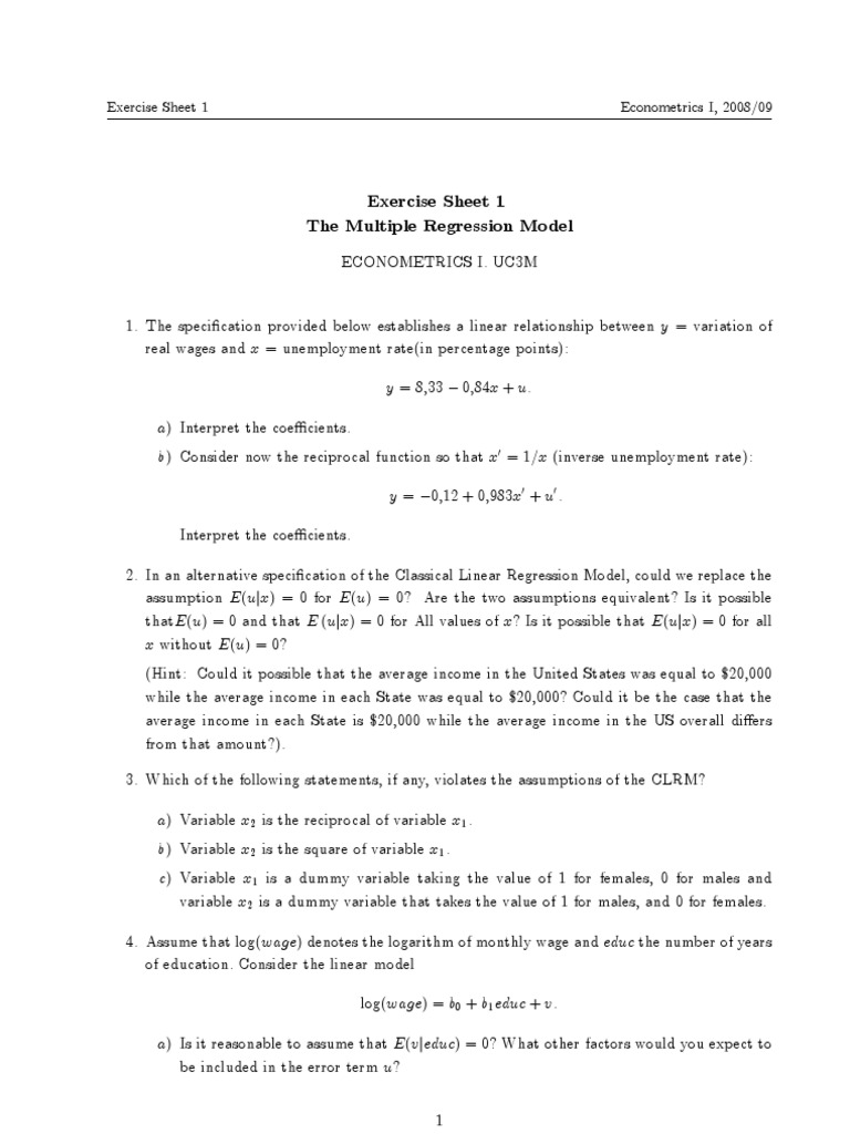 Exercise Sheet 1 The Multiple Regression Model | PDF | Econometrics ...