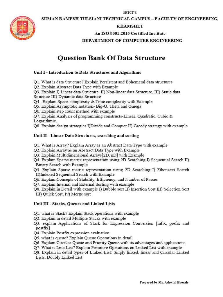 Data Structures Question Bank Guide | PDF | Time Complexity | Data Structure
