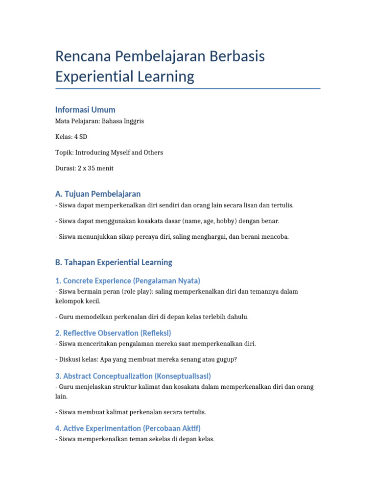 Rencana Pembelajaran Experiential Learning Bahasa Inggris Kelas4 | PDF