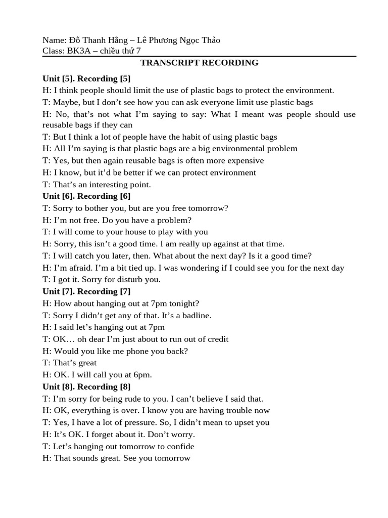 Transcript Recording Unit (5678) | PDF