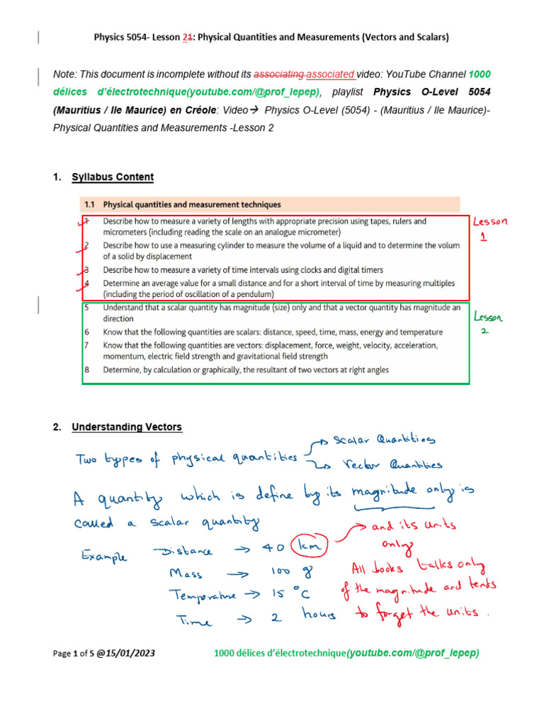 Physics 5054 Physical Quantities and Measurements - Lesson 2 (Vectros ...
