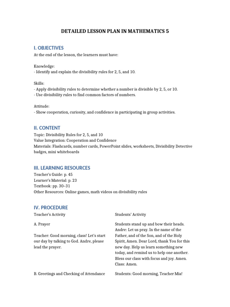Divisibility Rules for 2, 5, 10 Lesson Plan | PDF | Mathematics | Thought