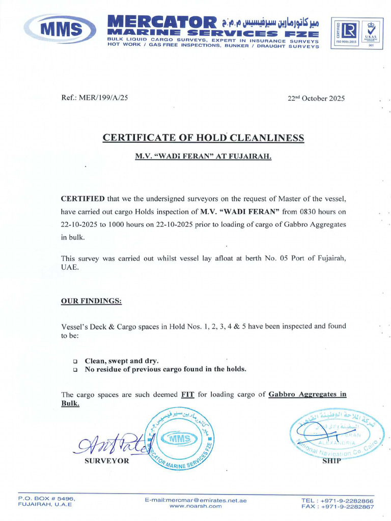 Cargo Hold Cleaning Certificate | PDF
