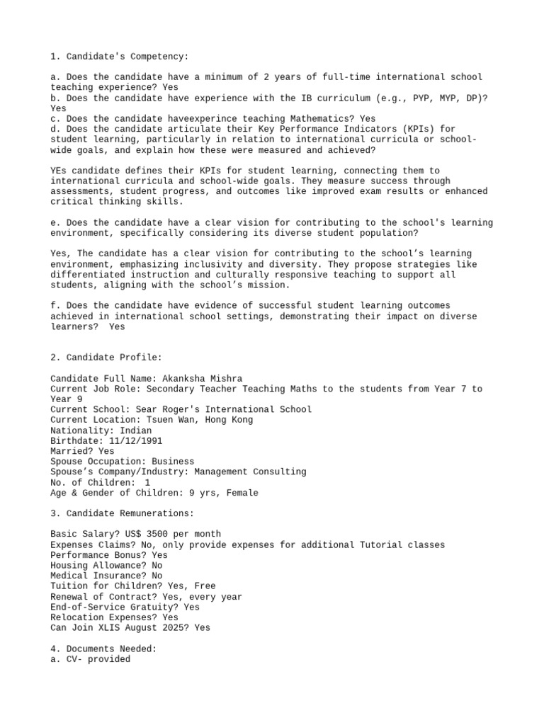 Basic Questions For Candidate Profile Creation - Math | PDF