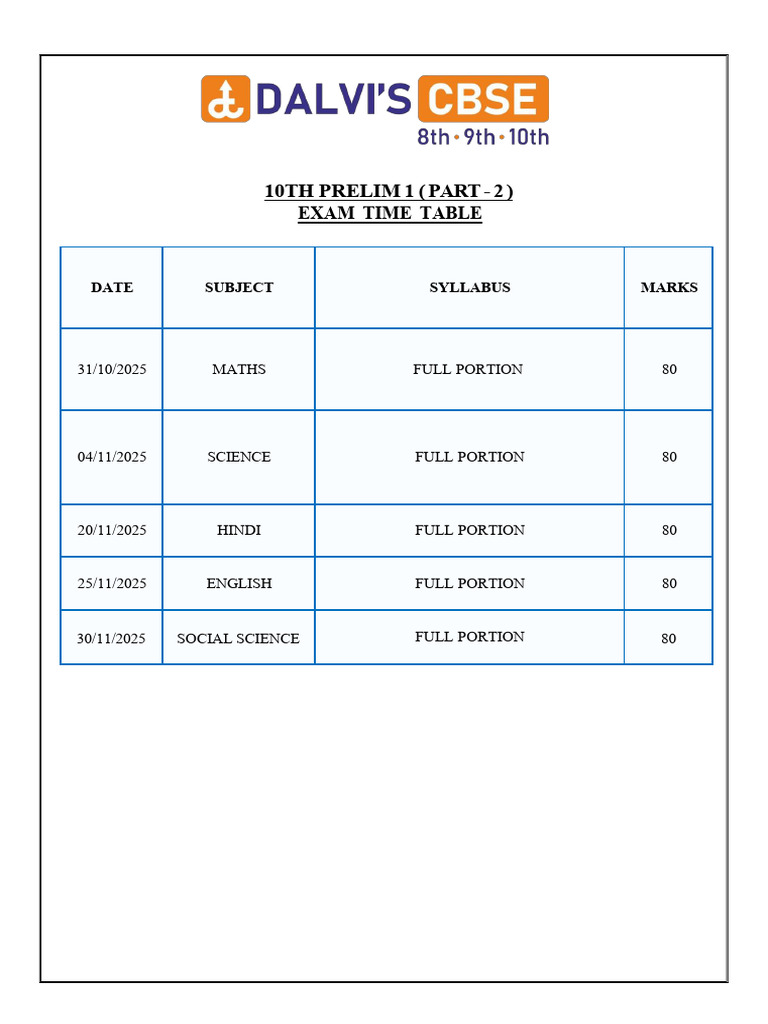 10th Grade Exam Time Table 2025-2026 | PDF