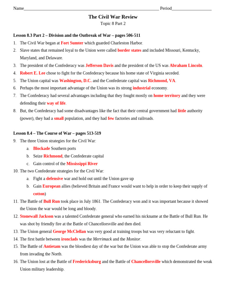 Civil War Test Review ANSWERS | PDF | American Civil War | Confederate ...