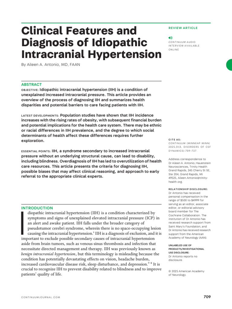 Clinical Features and Diagnosis of Idiopathic Intracranial Hypertension ...