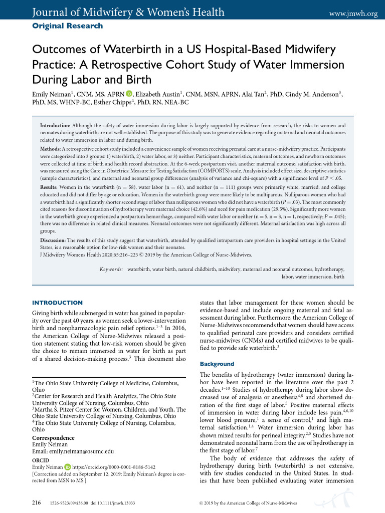 Outcomes of Waterbirth in A US Hospital-Based Midwifery Practice: A ...