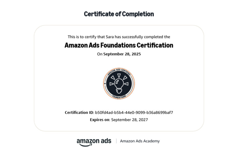 Amazon Ads Foundations Certification Awarded | PDF