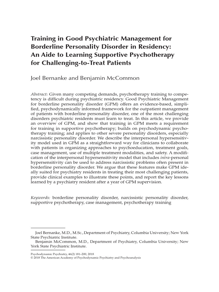 Bernanke 2018 | PDF | Borderline Personality Disorder | Psychotherapy
