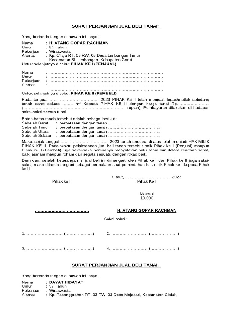 Surat Perjanjian Jual Beli Tanah Atang Gopar | PDF