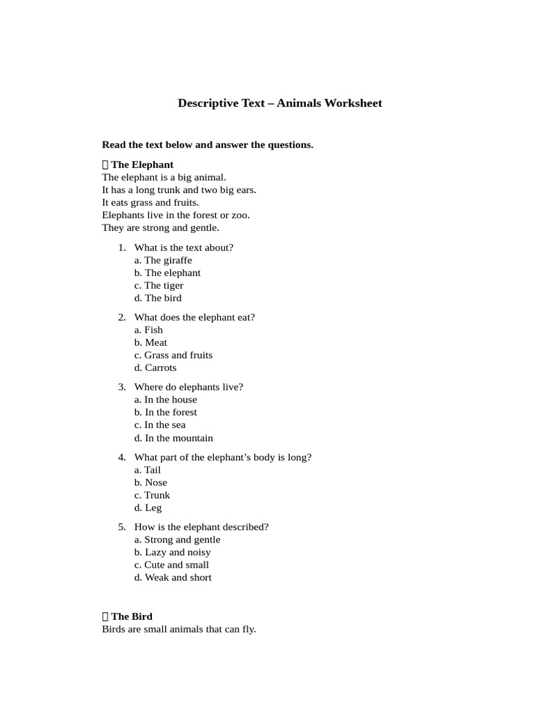Animals Descriptive Text Worksheet | PDF | Elephant | Rabbit