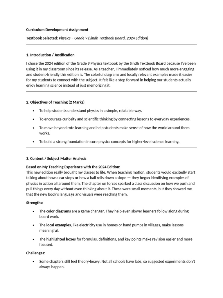 Curriculum Development Assignment | PDF | Teachers | Learning