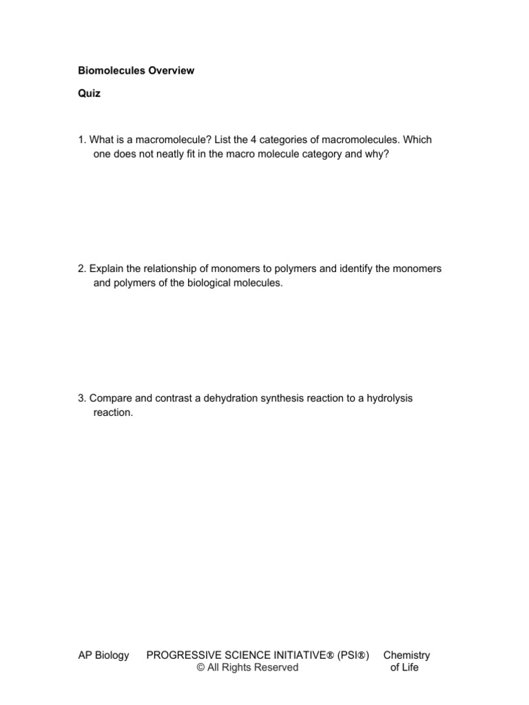 AP Bio 2022 Biological Molecules Quiz 2023-05-10 | PDF | Macromolecules ...