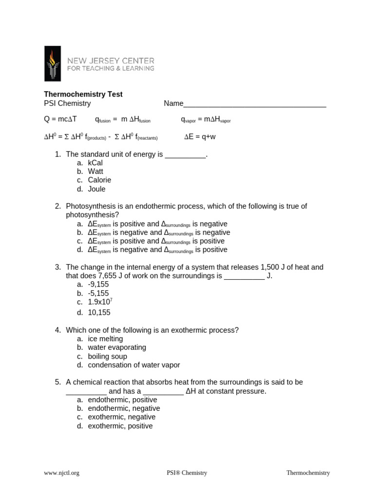 Thermochemistry Test Questions and Answers | PDF | Calorie | Chemical ...