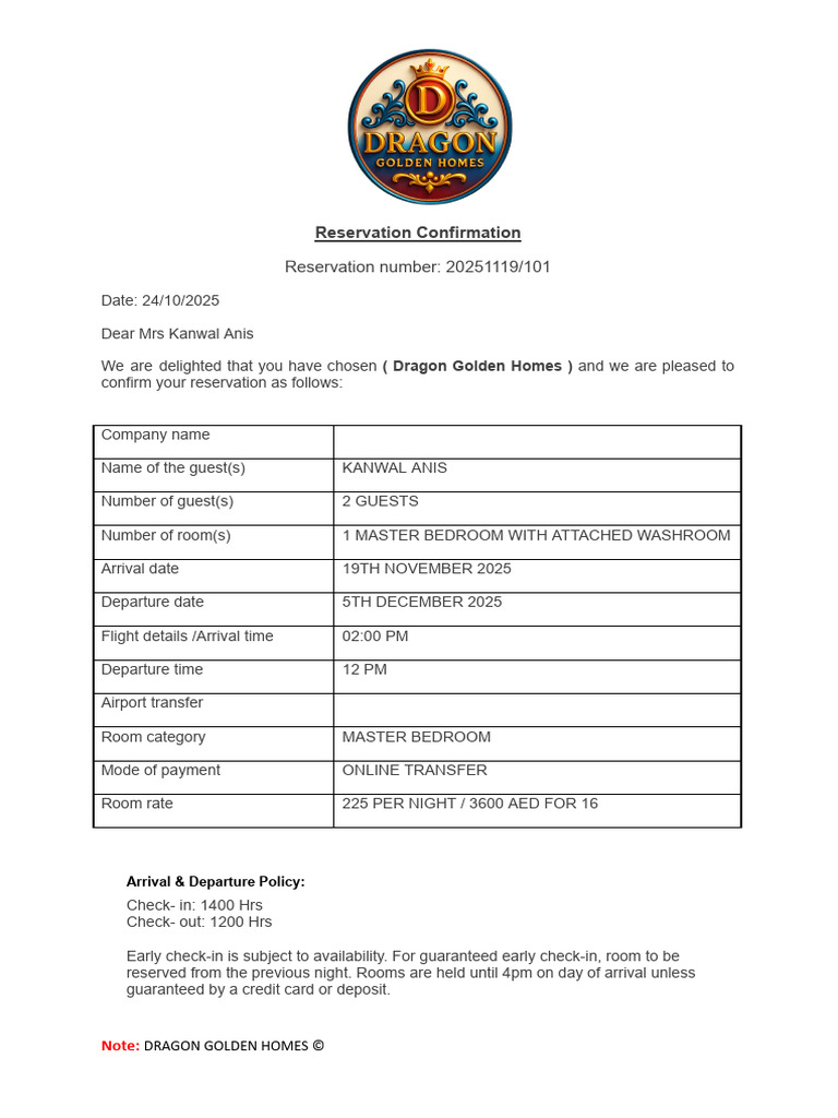 Reservation Confirmation for Dragon Golden Homes | PDF