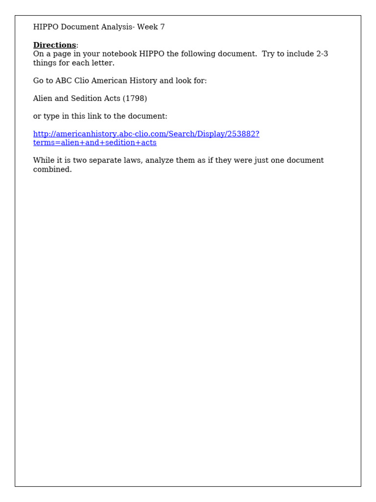 HIPPO Document Analysis - Fall Week 7 - Alien Sedition Acts | PDF