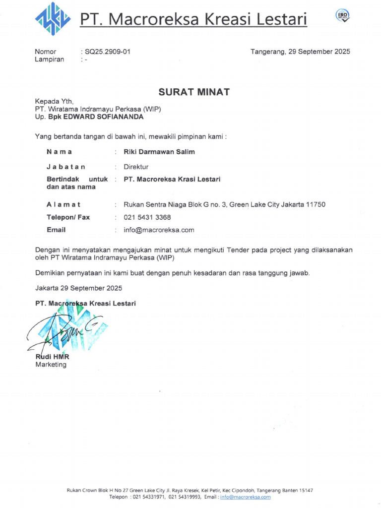 Surat Minat PT MKL | PDF