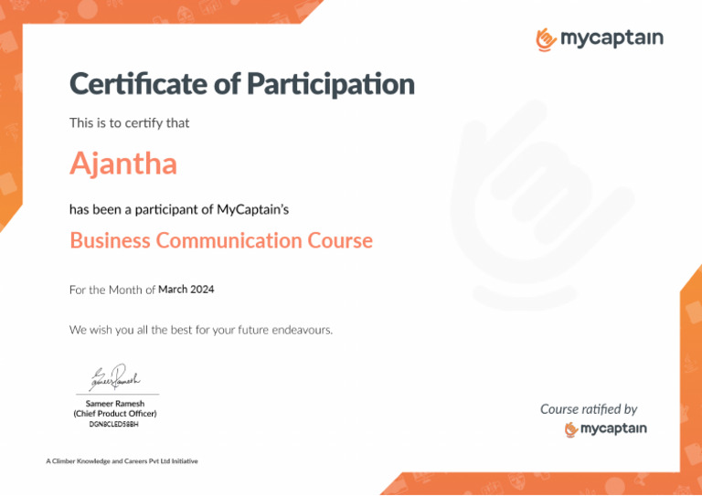 MyCaptain Business Communication Workshop Certificate | PDF