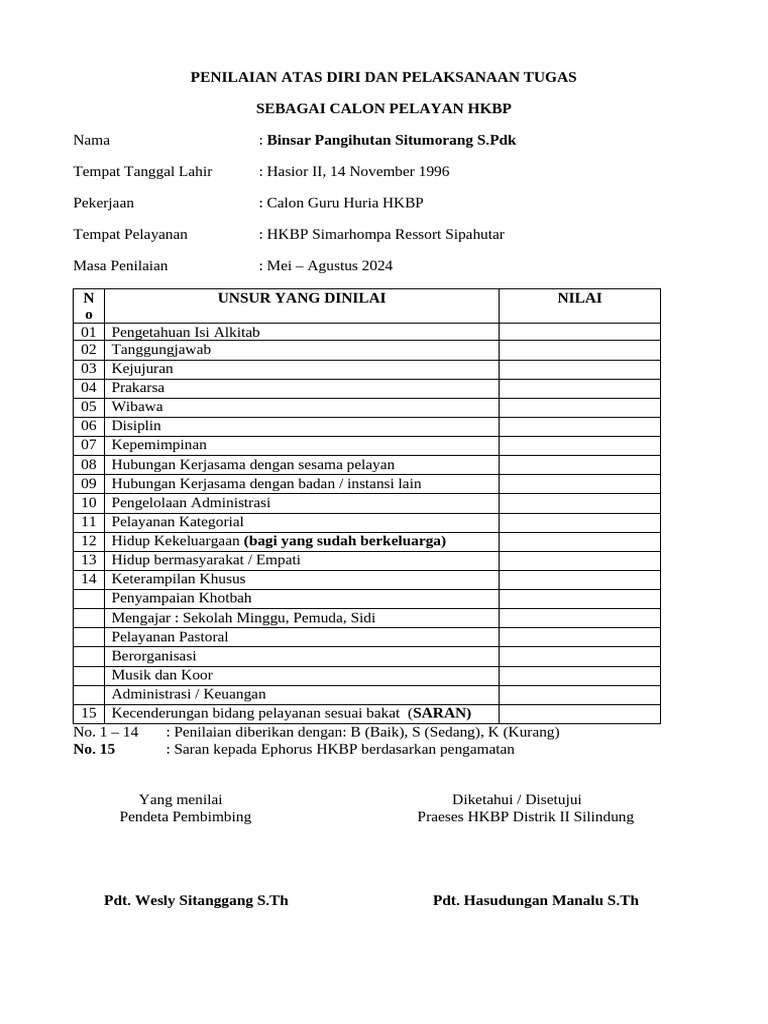Formulir Penilaian C. GR Binsar Situmorang | PDF
