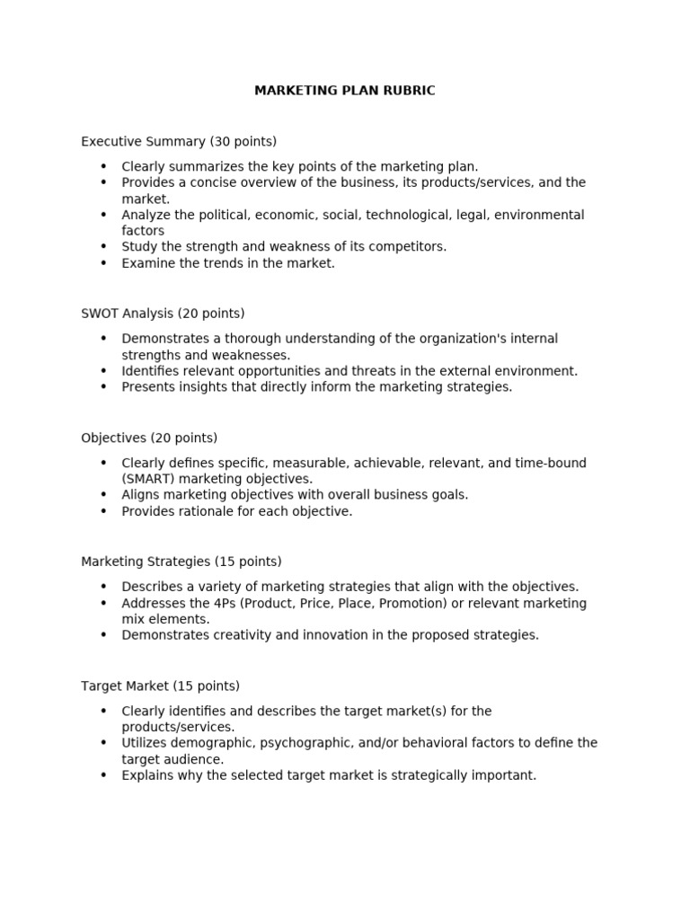 Marketing Plan Rubric 1 | PDF