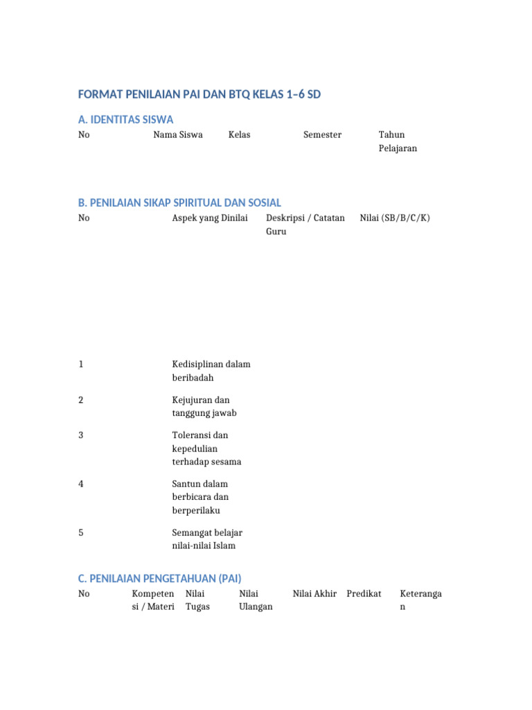 Format Penilaian PAI BTQ Kelas 1-6 | PDF