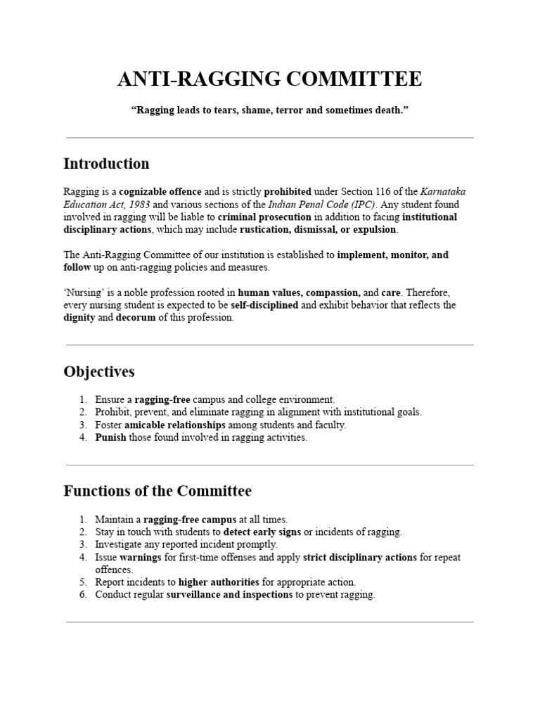 Anti-Ragging Committee - SINSRC | PDF | Aggression | Justice