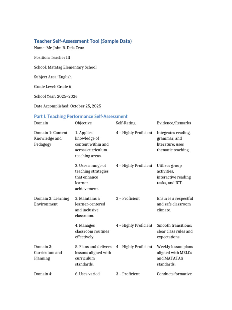 Teacher Self-Assessment Tool Overview | PDF | Educational Assessment ...