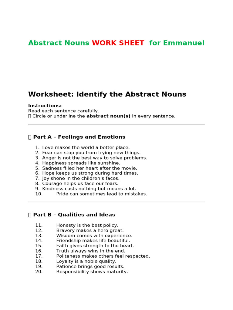 Abstract Nouns Identification Worksheet | PDF | Courage | Happiness