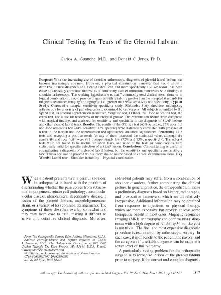 Guanche 2003 - Clinical Testing For Tears of The Glenoid Labrum | PDF ...