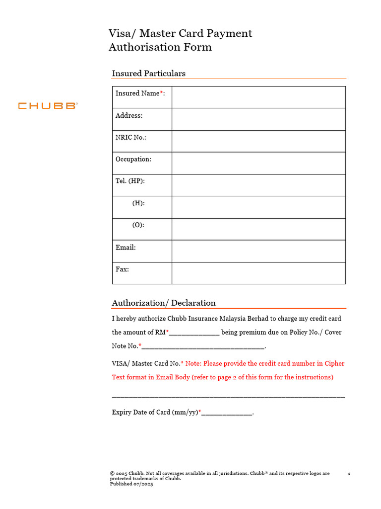 Chubb Insurance Credit Card Authorization Form | PDF | Credit Card | Cipher