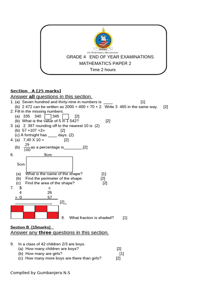 Grade 4 End of Year Mathematics Paper 2 2022-1 | PDF