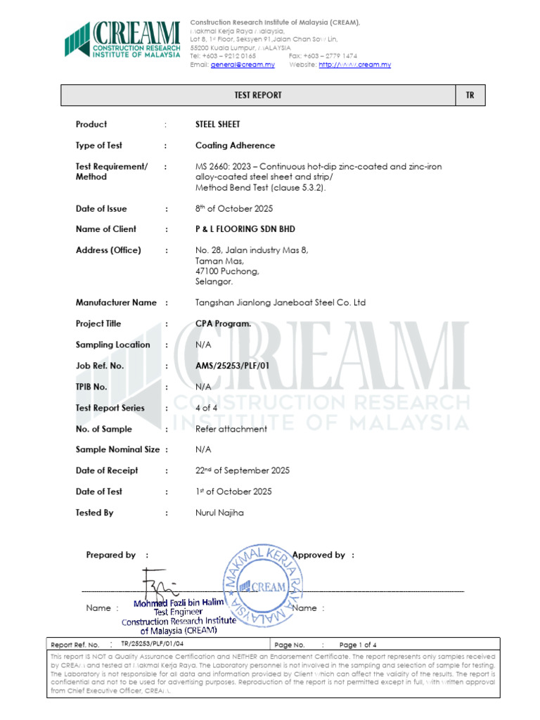 Steel Sheet Coating Test Report | PDF