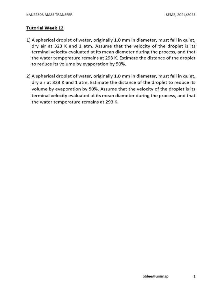 Tutorial Week 12 | PDF | Drop (Liquid) | Drag (Physics)