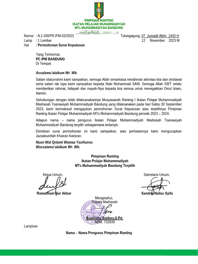 Pimpinan Ranting IPM MTs Muhammadiyah 2023 | PDF