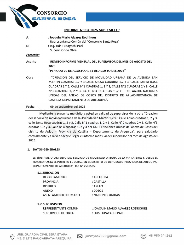 Informe #004-2025remito Informe Mensual Del Supervisor Del Mes de ...
