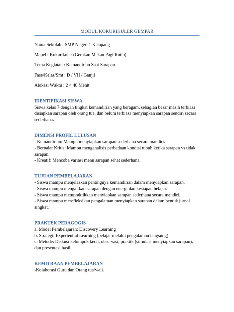 Modul Gempar Kelas 7 (Kemandirian Saat Sarapan) | PDF