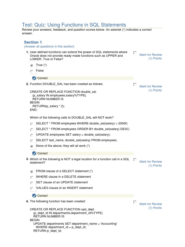 SQL Functions Quiz Review | PDF