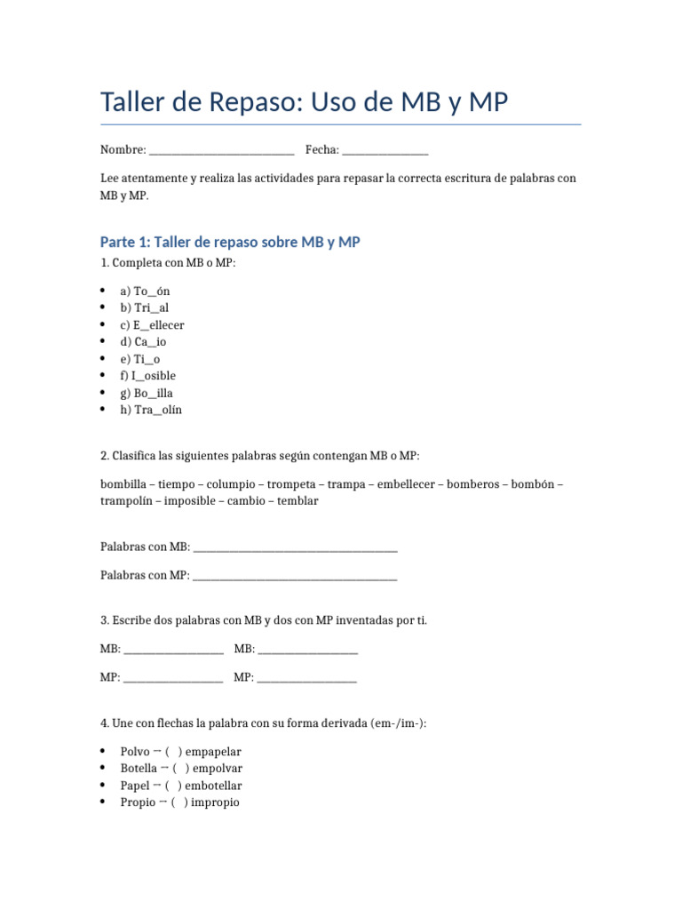 Taller de Ortografía: Uso de MB y MP | PDF