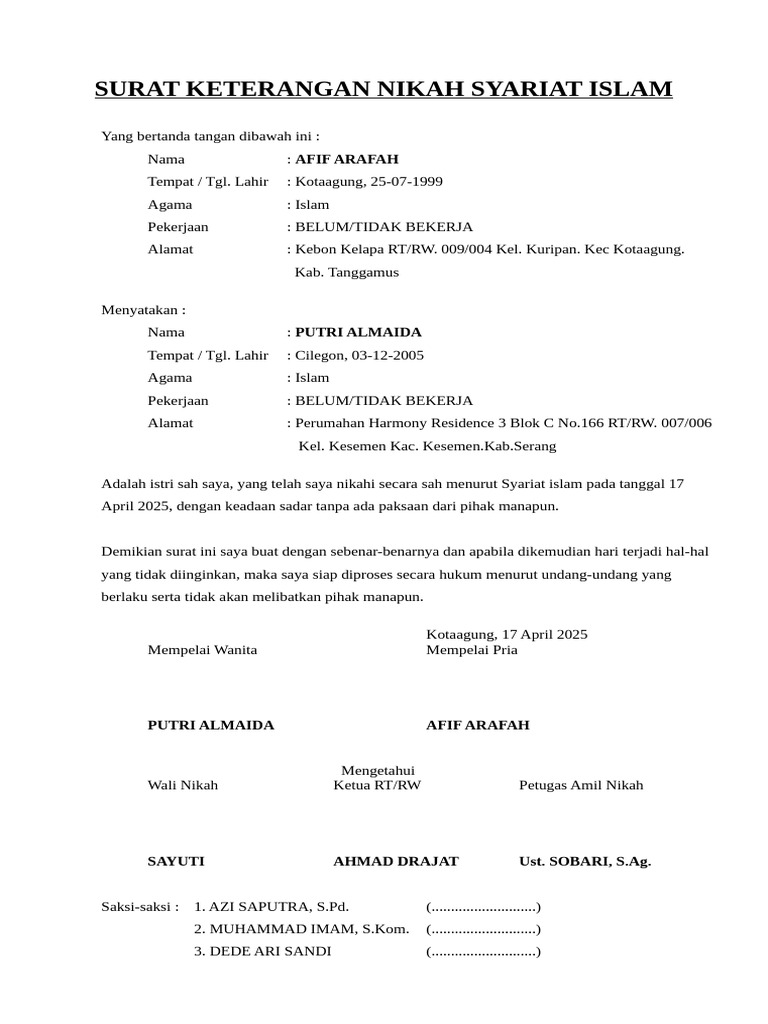 Surat Keterangan Nikah Siri | PDF