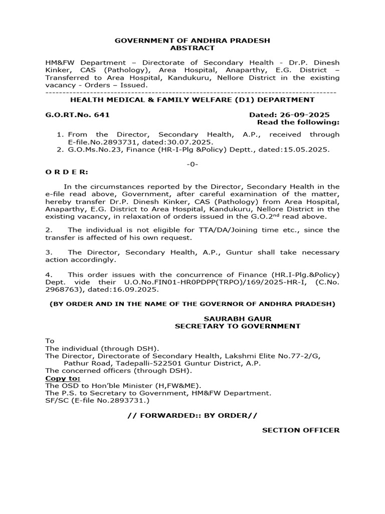 Dr. Dinesh Kinker's Transfer Order | PDF