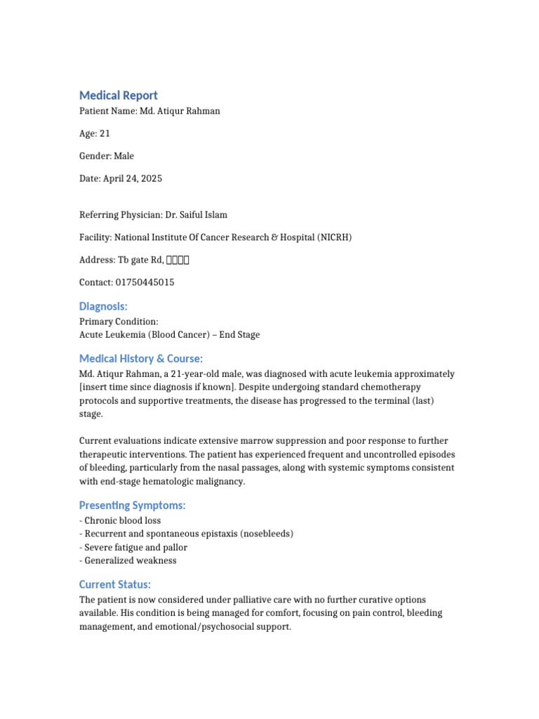 End-Stage Acute Leukemia Medical Report | PDF