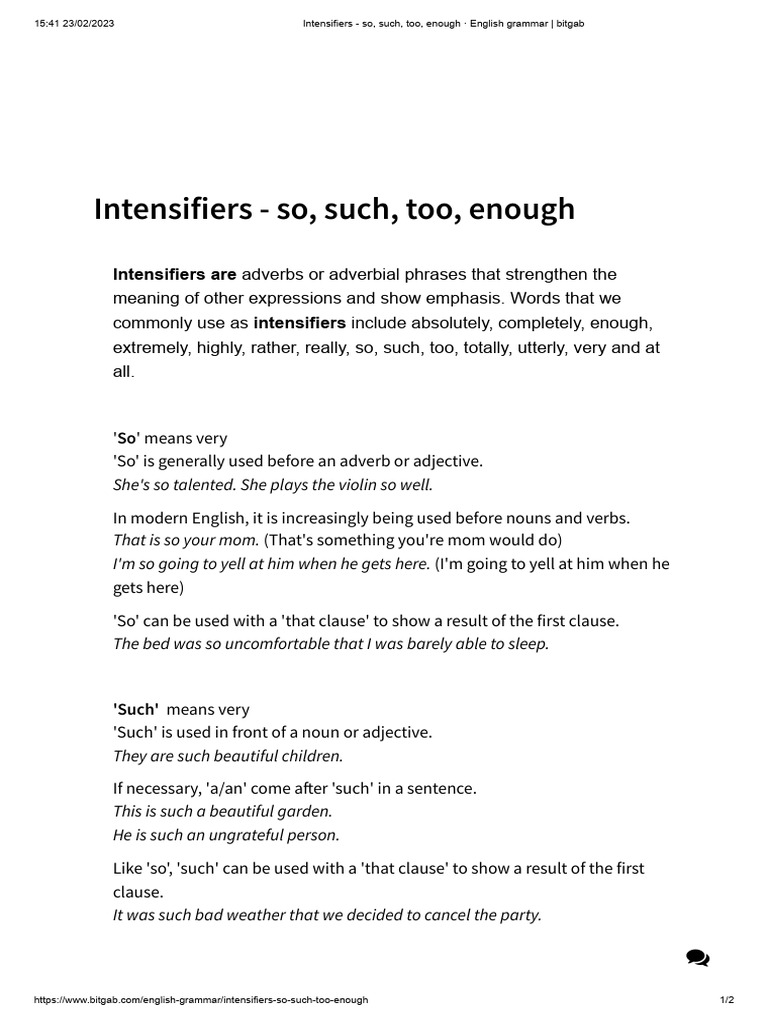 Intensifiers - So, Such, Too, Enough · English Grammar _ Bitgab | PDF ...