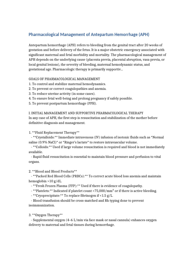 Pharmacological Management of Antepartum Hemorrhage APH | PDF ...